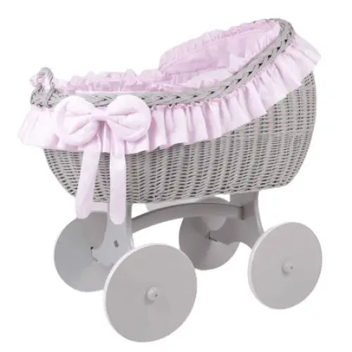 MJ Marks Bianca Grey Wicker Crib with Pink Bedding & Wheels | Luxury ...