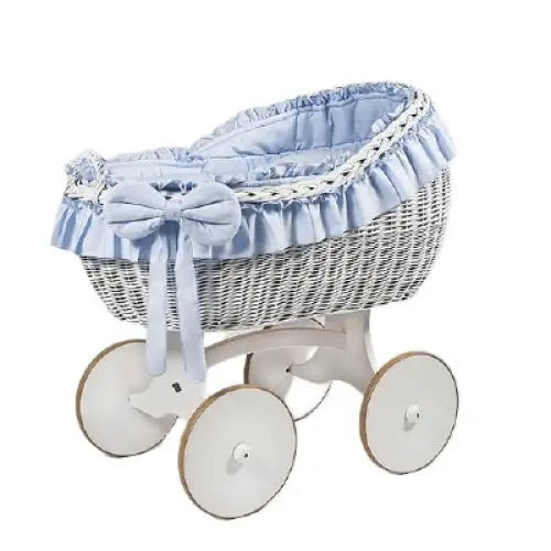 MJ Marks Bianca White Wicker Crib with Blue Bedding & Wheels | Luxury ...