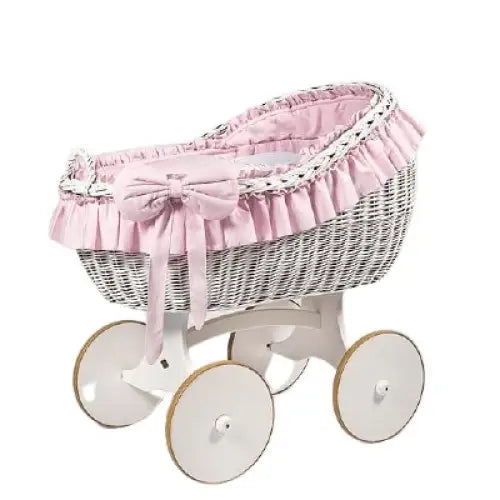 MJ Marks Bianca White Wicker Crib with Pink Bedding & Wheels | Luxury ...