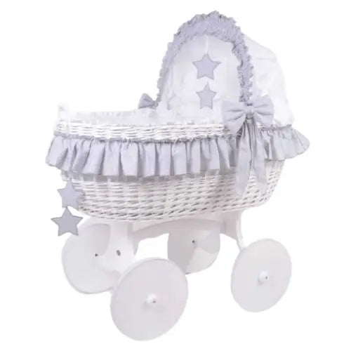 MJ Marks Cloud & Stars White Wicker Crib with White & Grey Bedding ...