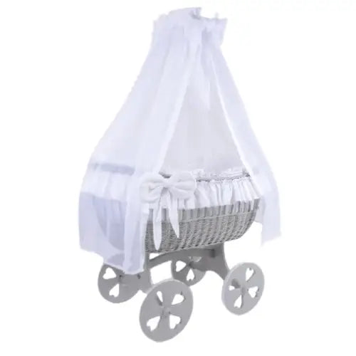 MJ Marks Ophelia Grey Wicker Crib with White Bedding & Heart Wheels ...